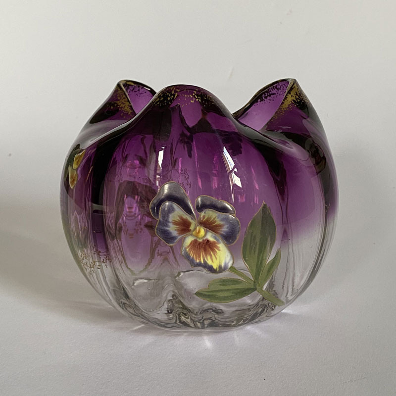 Lergas Mont Joye Enamelled Glass Pansy Posy Vase