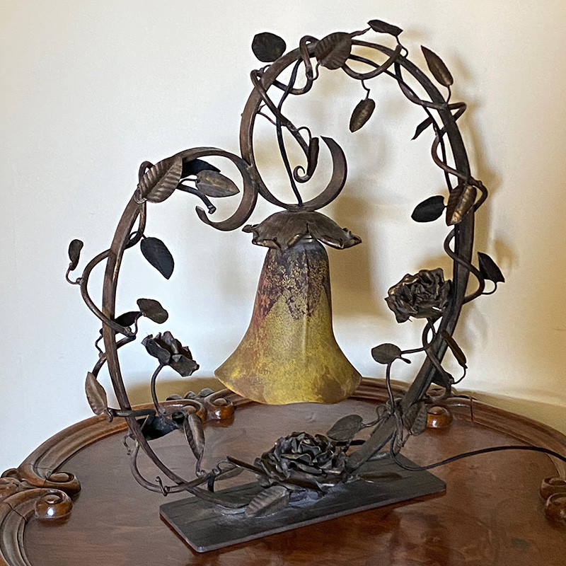 Daum Nancy Table Lamp Wrought Iron Base and Mottled Glass Shade