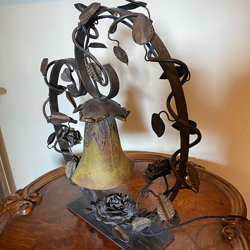 Daum Nancy Table Lamp Wrought Iron Base and Mottled Glass Shade