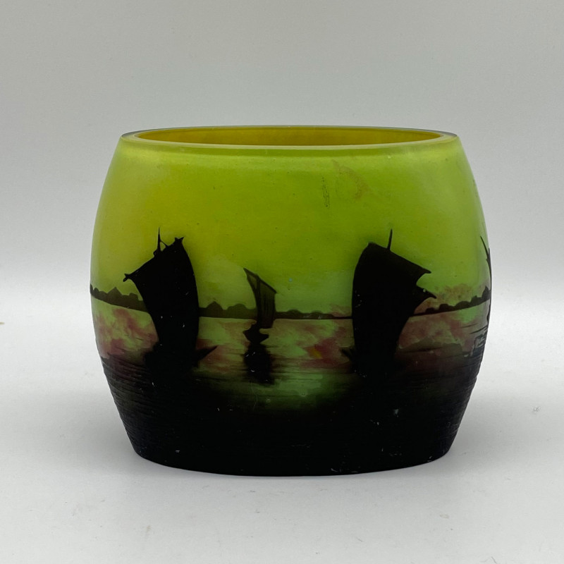 Daum Nancy Cameo Glass Pillow formed Vase with Yacht Scene