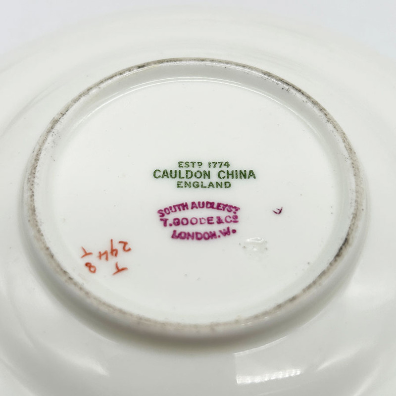 Cauldon China Trio, Decorated with hand Painted Flowers and Gold Leaves